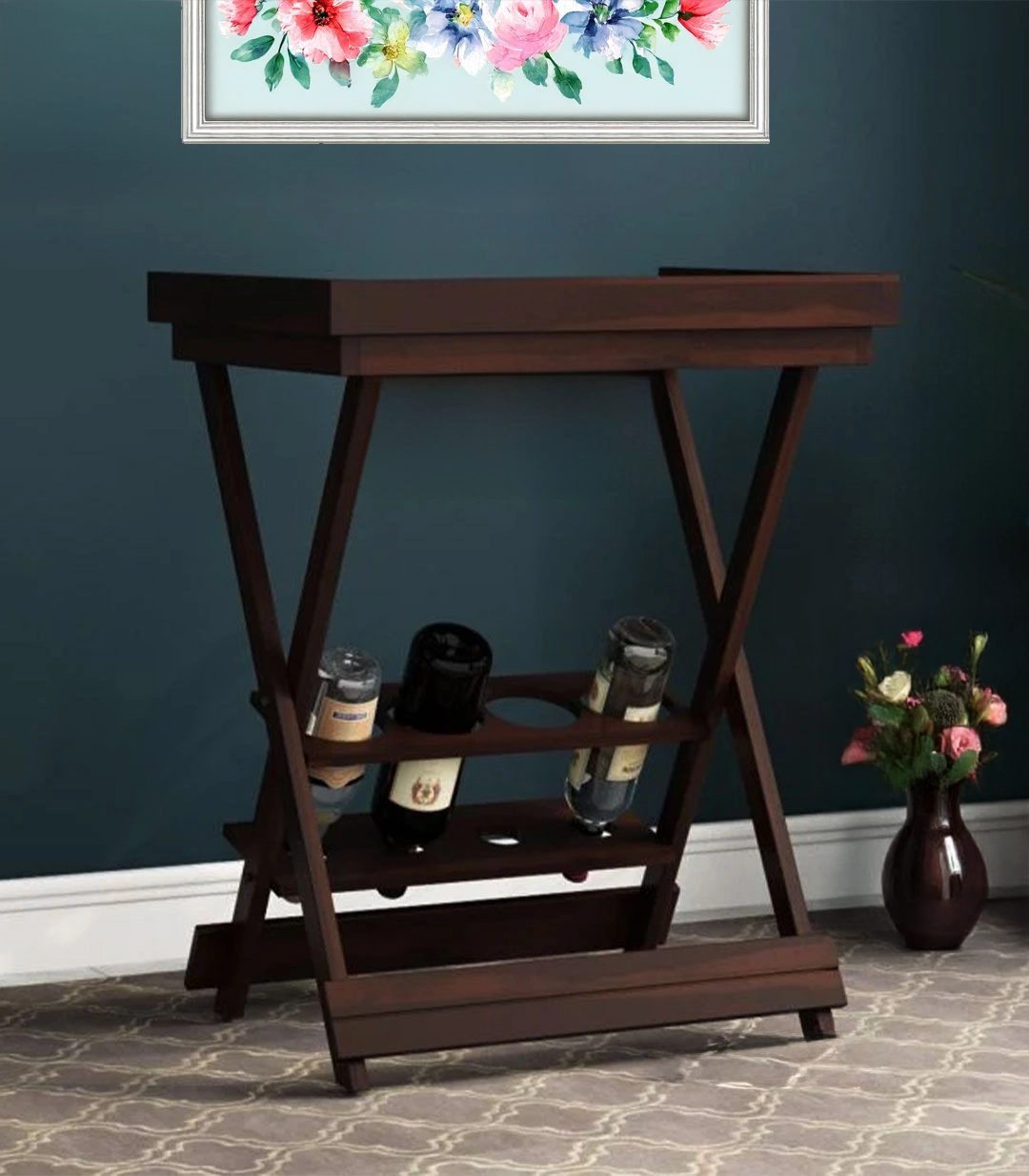 Alroy Sheesham Wood Bar Cabinet (Walnut Finish) - Wudzei