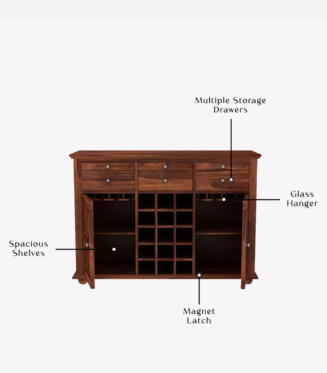 Contena Sheesham Wood Bar Cabinet (Honey Finish) - Wudzei