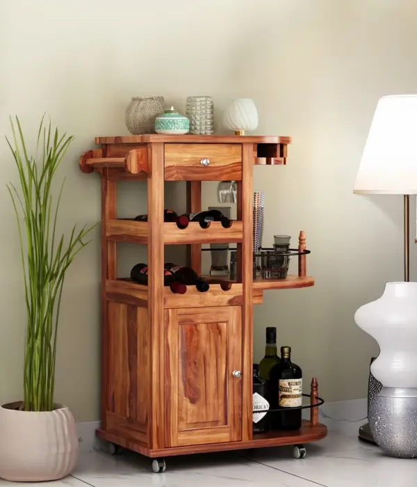 Kclany Sheesham Wood Bar Trolley (Honey Finish) - Wudzei