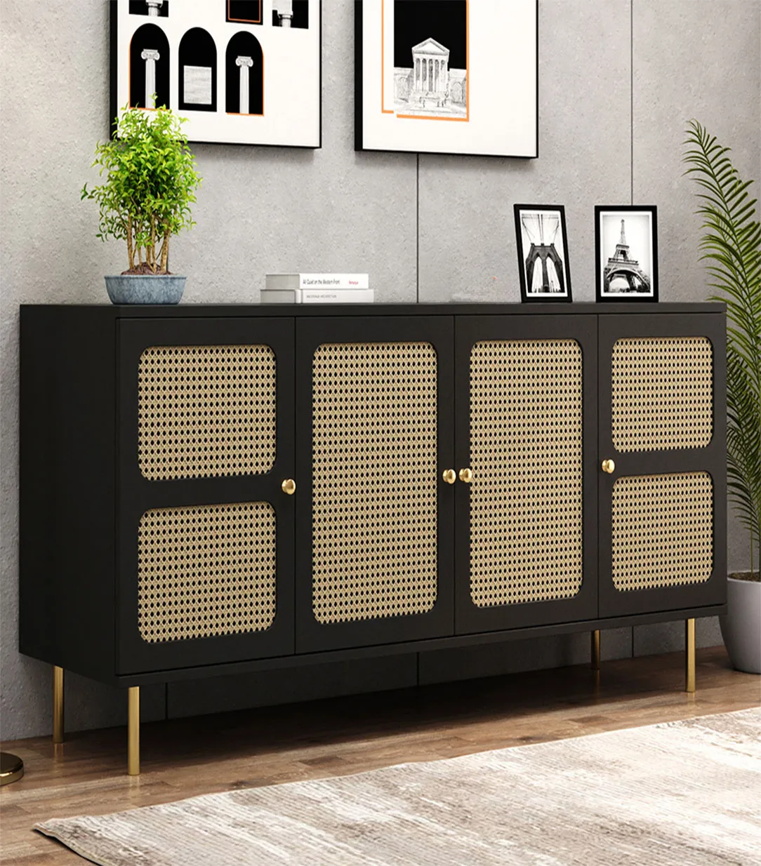 Resical Sheesham Wood With Cane Sideboard And Cabinet (Black Finish ...