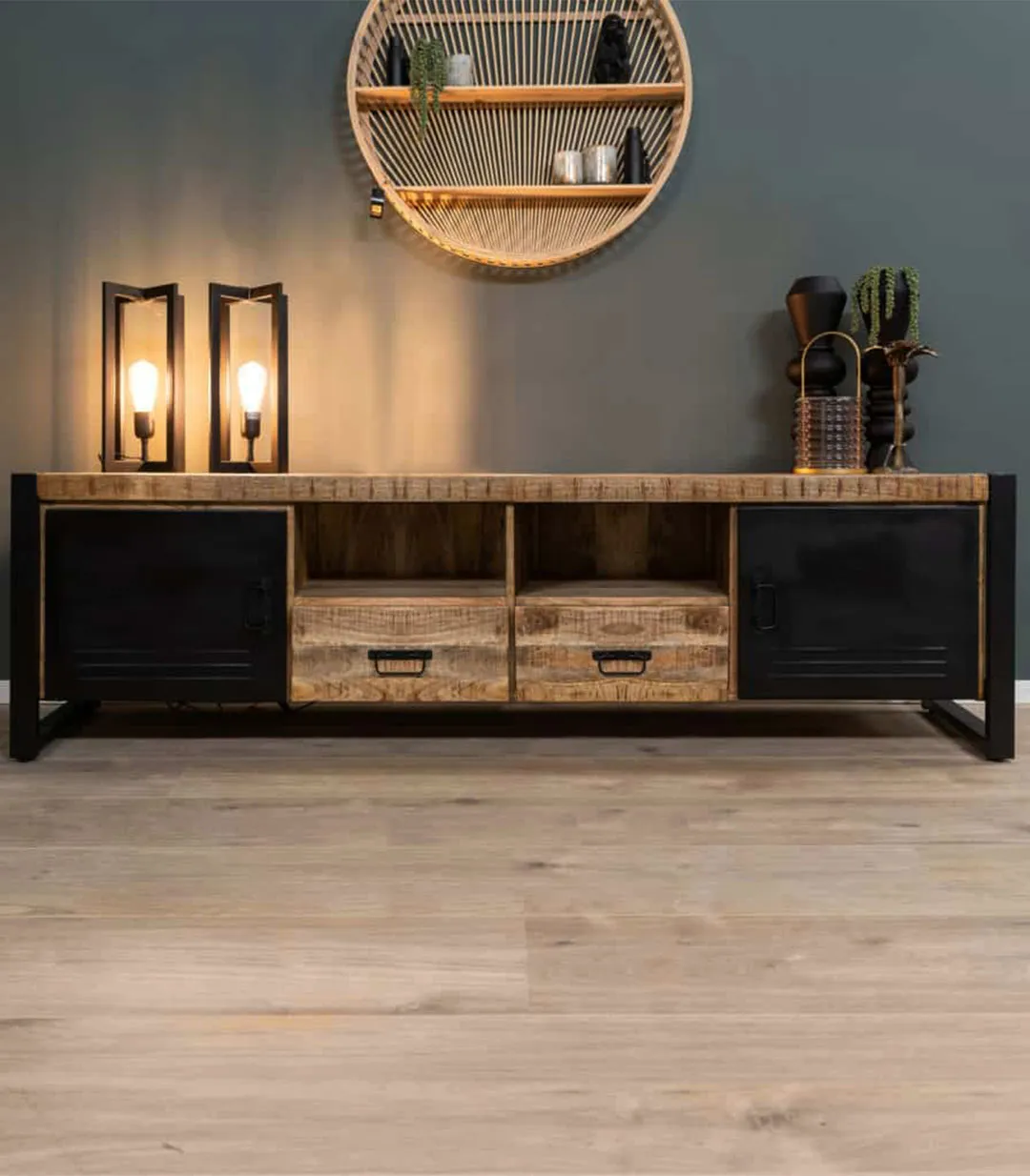 Duro Solid Mango Wood TV Unit With Metal Frame – Natural