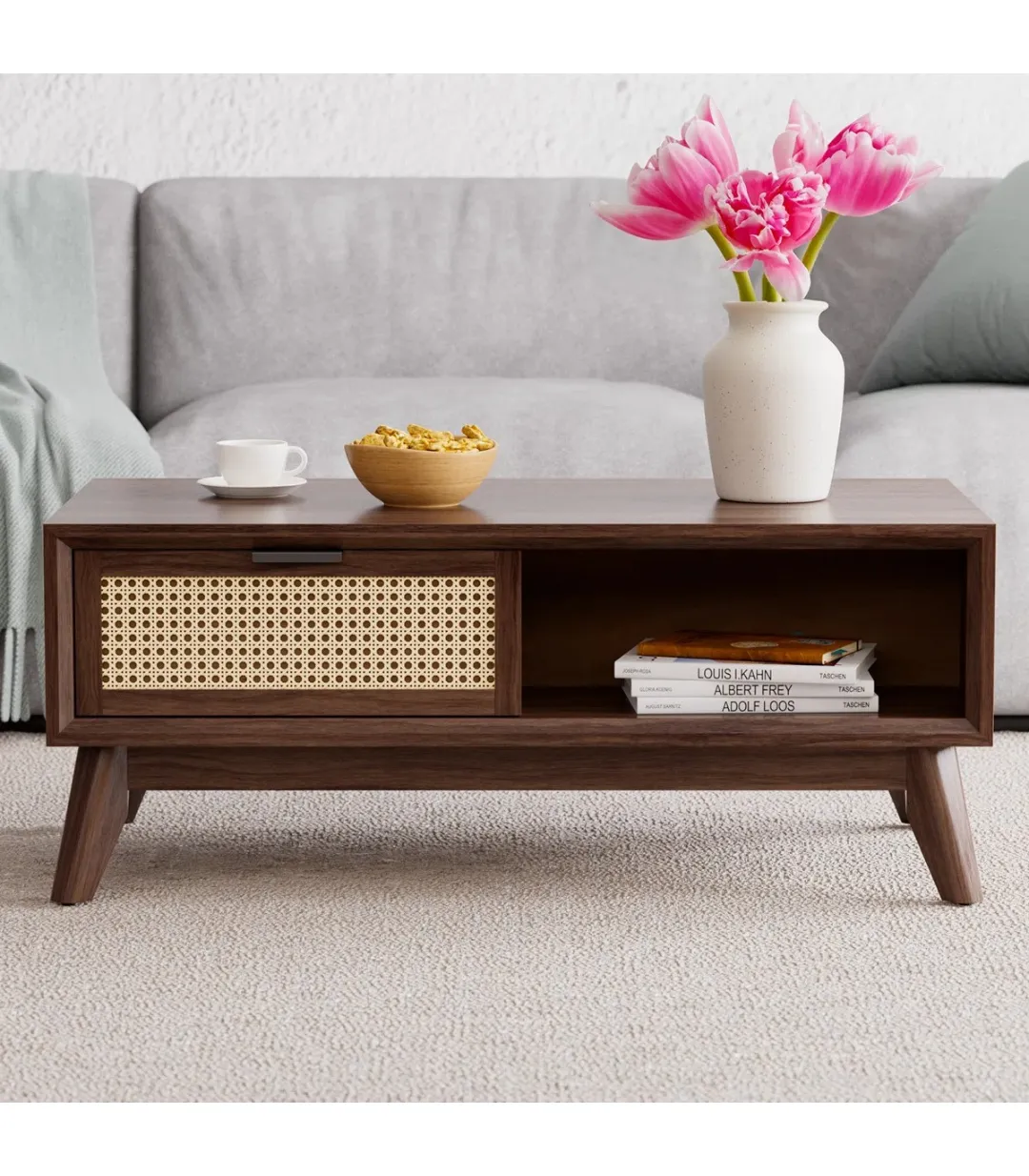 Solid Acacia Wood Coffee Table With Cane Drawer – Mid-Century ...