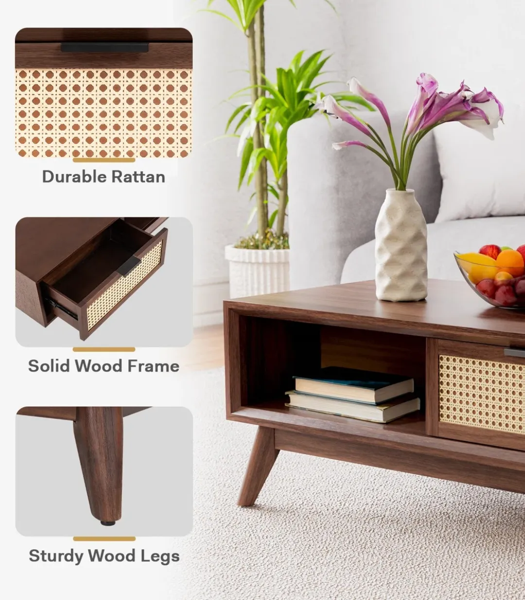 Solid Acacia Wood Coffee Table With Cane Drawer – Mid-Century ...