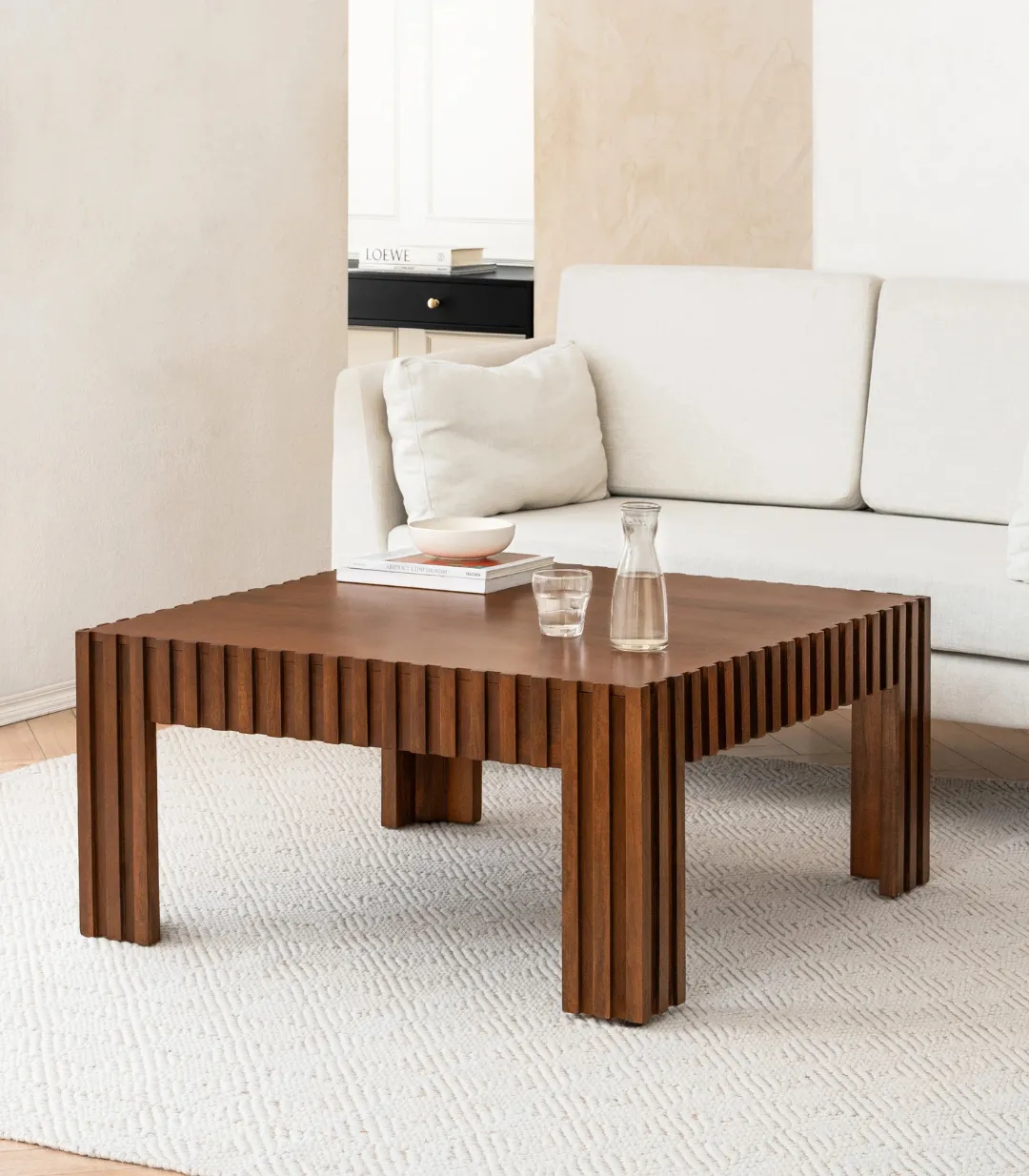 Solid Acacia Wood Square Coffee Table With Slatted Legs – Walnut Finish ...