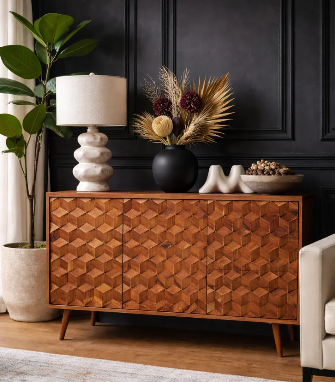 Aulish Solid Acacia Wood Sideboard – Dark Brown Finish - Wudzei